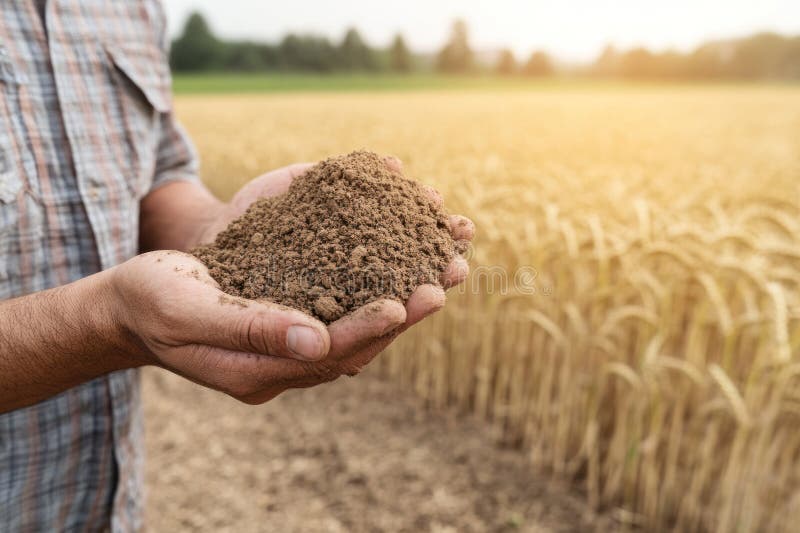 Farmer with Soil in Hand in Wheat Field Stock Illustration ...