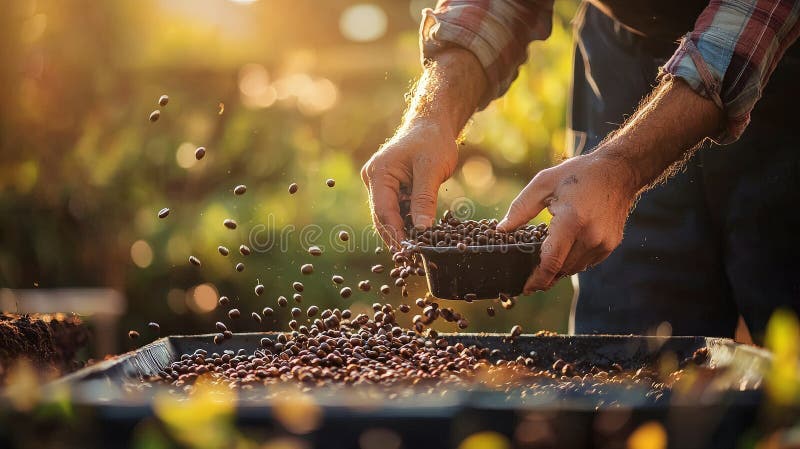 Farmer Sorting Coffee Beans at Sunset Stock Image - Image of golden ...