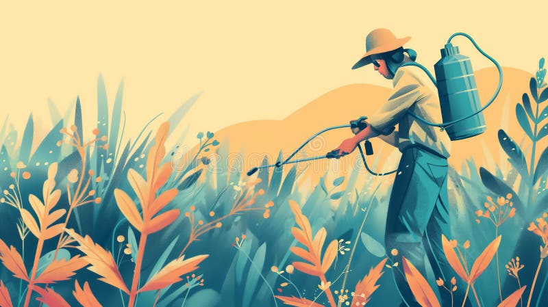 A Farmer Spraying Crops in a Field with a Backpack Sprayer Under a Warm ...