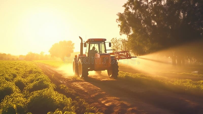 Farmer Spraying Field of Vegetables with Tractor. Generative Ai Stock ...