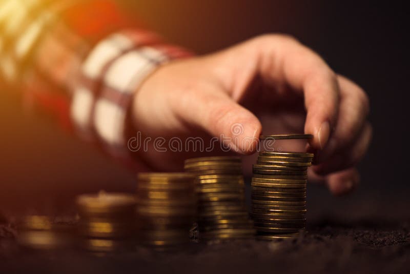 Farmer Stacking Coins, Agricultural Income Stock Image - Image of ...