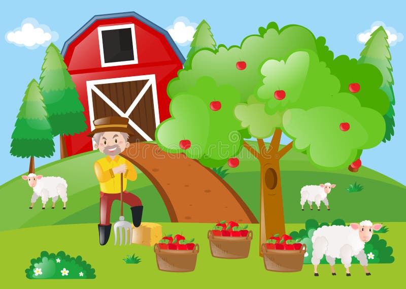 Farmer Standing by the Apple Tree in the Farm Stock Illustration ...