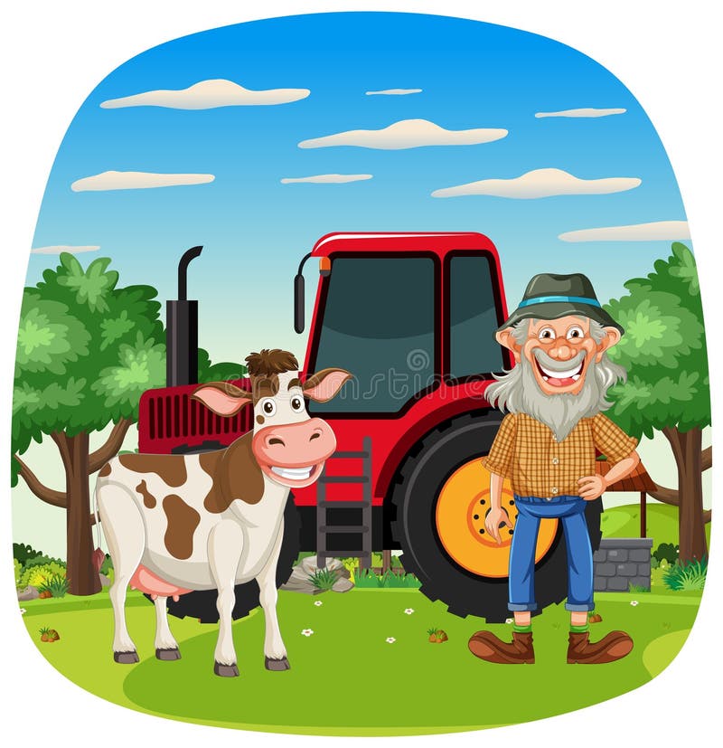 Farmer Standing Next To Cow and Tractor Stock Vector - Illustration of ...
