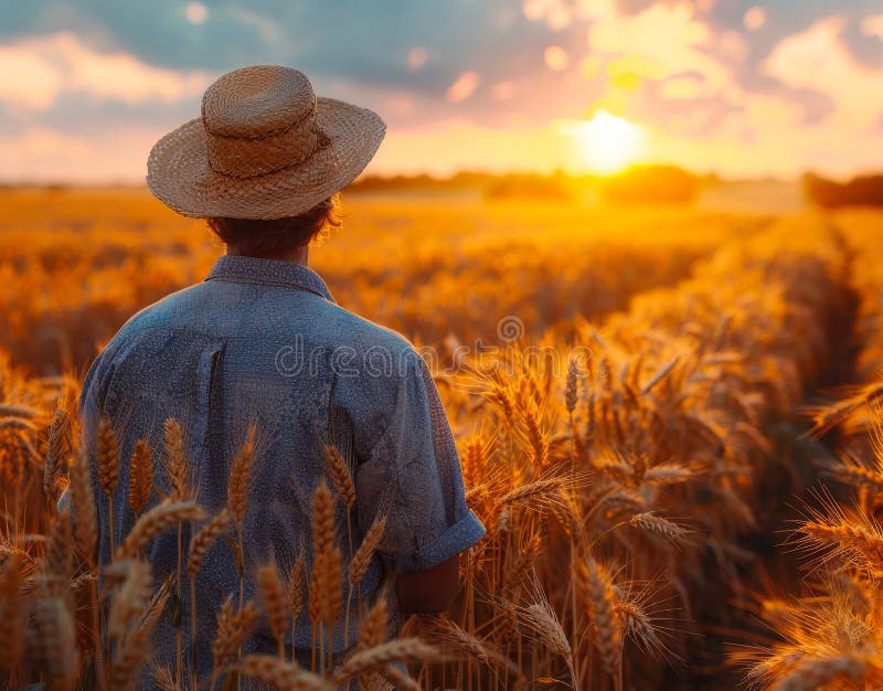 Farmer Standing in Wheat Field Looking at the Sunset Stock Image ...