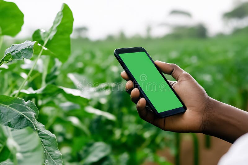 A Farmer Stands Amidst Lush Crops, Using a Smartphone App To ...