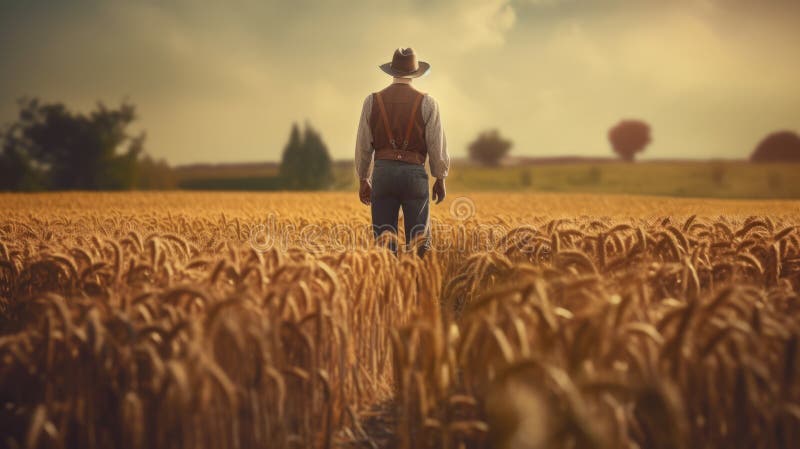 A Farmer Stands in a Wheat Field Back View. Generative AI. Stock ...