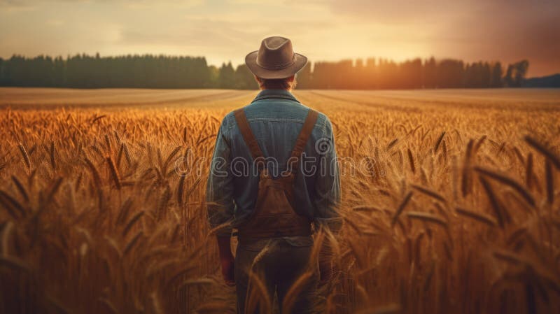A Farmer Stands in a Wheat Field Back View. Generative AI. Stock ...