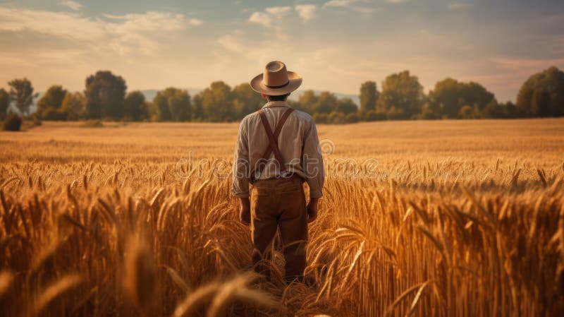 A Farmer Stands in a Wheat Field Back View. Generative AI. Stock ...