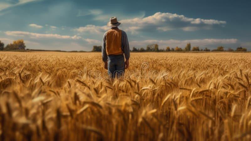 A Farmer Stands in a Wheat Field Back View. Generative AI. Stock ...