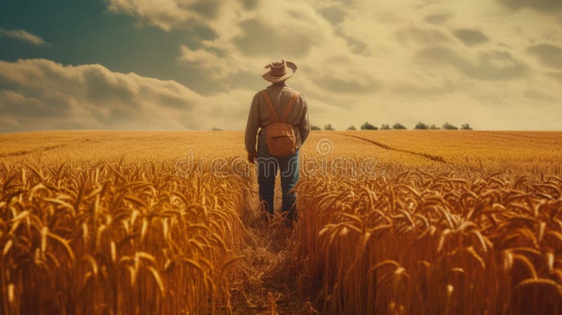 A Farmer Stands in a Wheat Field Back View. Generative AI. Stock ...