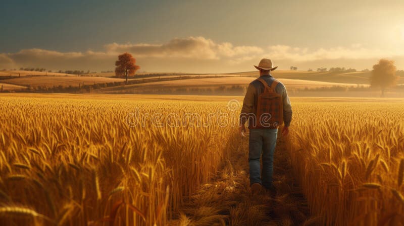 A Farmer Stands in a Wheat Field Back View. Generative AI. Stock ...