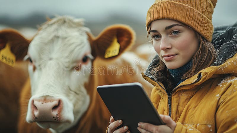 Farmer with Tablet Computer Checking Cows Stock Illustration ...
