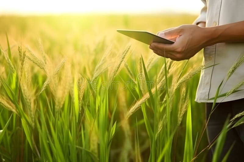 Farmer with a Tablet Computer in Front of a Sunset Agricultural ...
