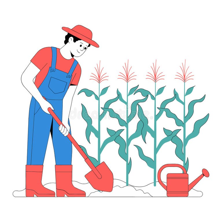 Farmer Tending Corn Row Minimalist Vector Art Stock Vector ...