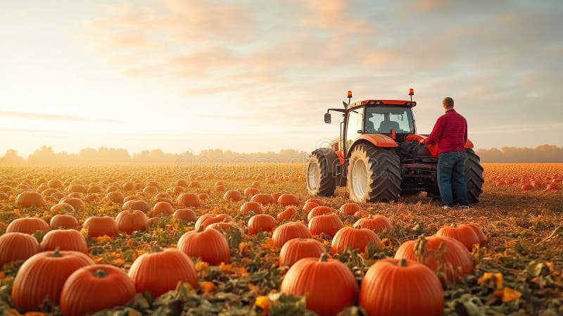 Farmer on Tractor Harvesting Pumpkin. Process of Gathering a Ripe Crop ...