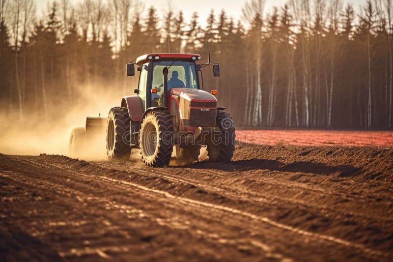 Farmer in Tractor Preparing Land with Seedbed Cultivator at Spring ...