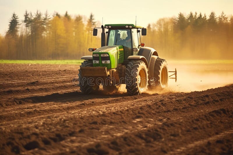 Farmer in Tractor Preparing Land with Seedbed Cultivator at Spring ...