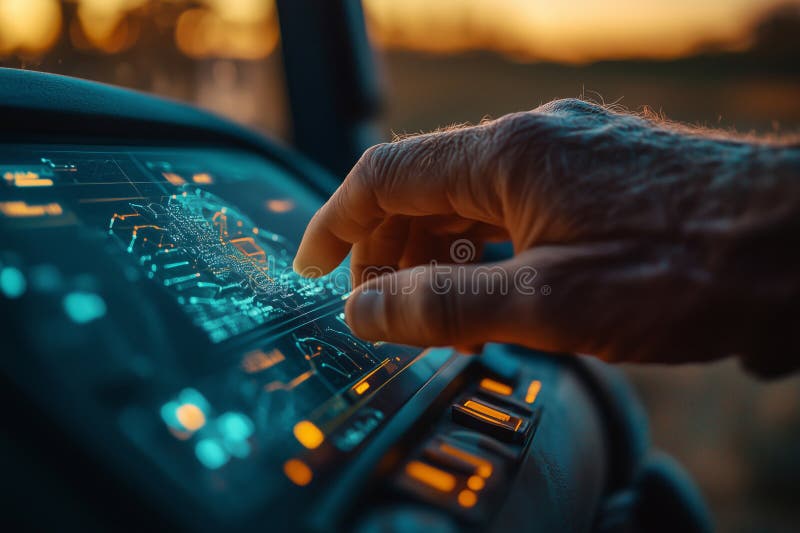 Farmer Uses Advanced Technology for Precision Farming at Sunset Stock ...