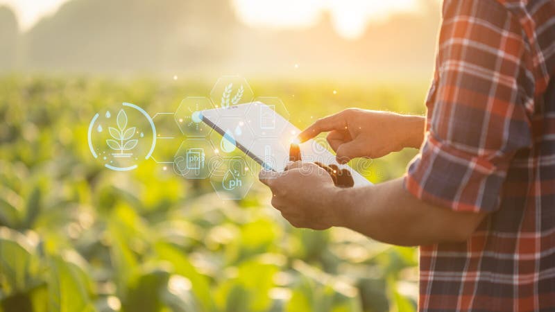 Farmer Using Digital Tablet Showing Smart Farming Interface Icons and ...
