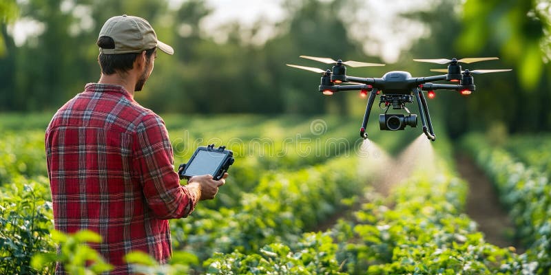 Farmer Using Drone Agriculture Field Spraying Crops Camera Smart ...