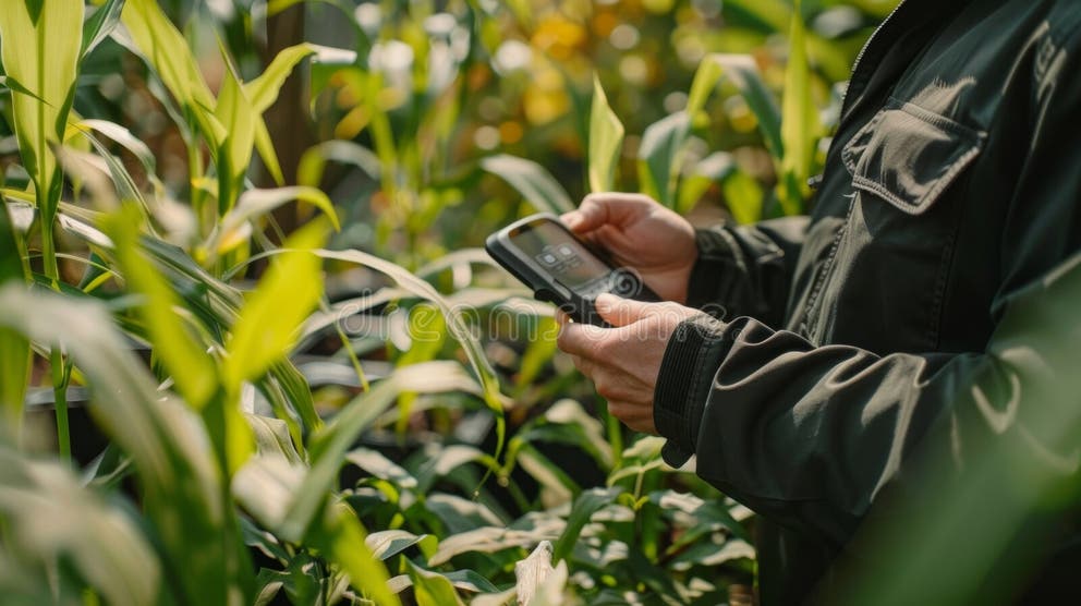 A Farmer Using a Handheld Device To Scan Plants and Analyze Their ...