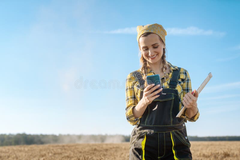 Farmer Using Her Phone on a Grain Field Stock Photo - Image of internet ...