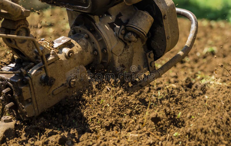 Farmer Using Machine Mart Cultivator for Ploughing Soil Stock Photo ...
