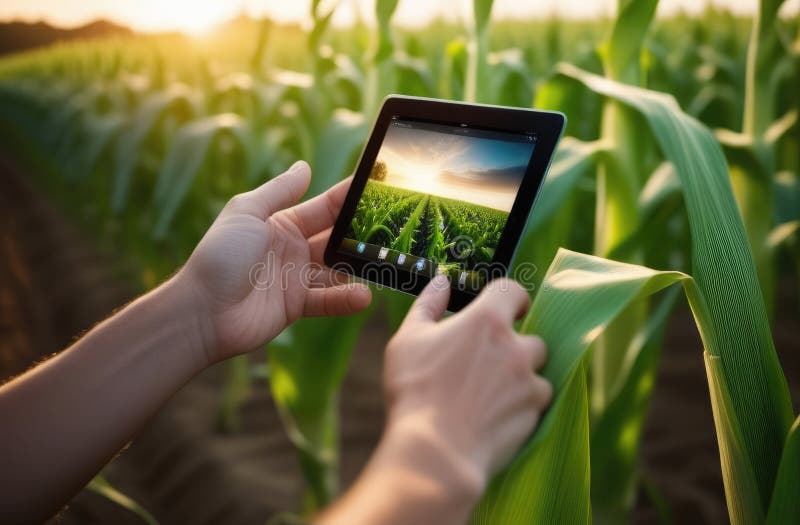 Farmer Using Modern Technology To Monitor Corn Crop Growth In Green