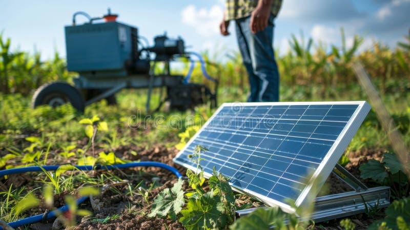 A Farmer Using a Solarpowered Generator To Run Irrigation Pumps in a ...