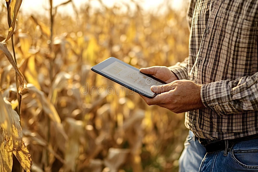 Farmer Holding Tablet Showing Graphs in Corn Field at Sunset Stock ...