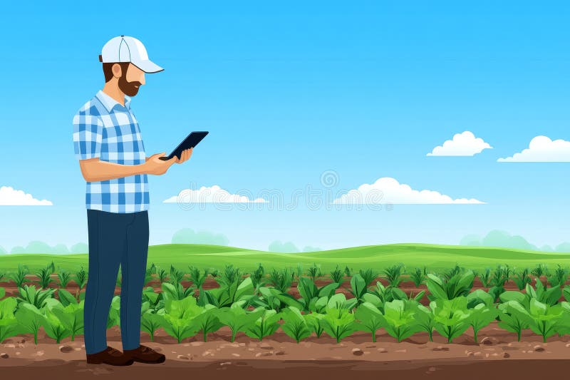 Farmer Using Tablet in Field 2D Illustrated Simple Pop Art Style Scene ...