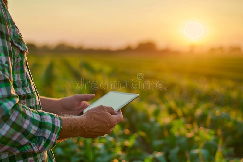 Farmer Using a Tablet in a Field during Sunrise, Demonstrating Smart ...