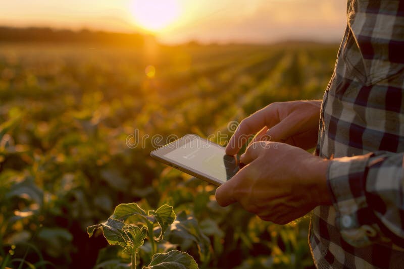 Farmer Using a Tablet in a Field at Sunset, Exemplifying Advanced ...