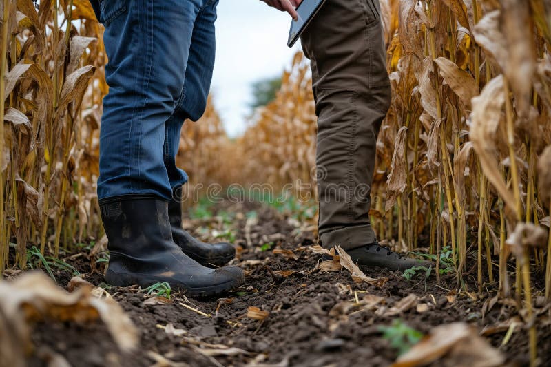 Farmer Using Tablet To Assess GMO Corn Crops in a Field on a Cloudy Day ...