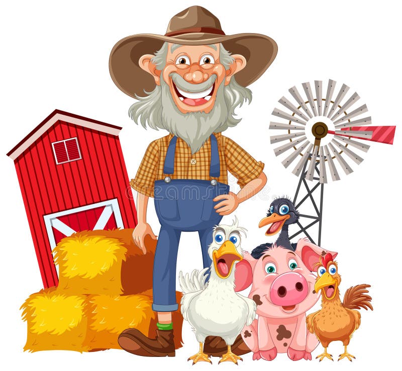 Farmer with Various Farm Animals Stock Vector - Illustration of ...