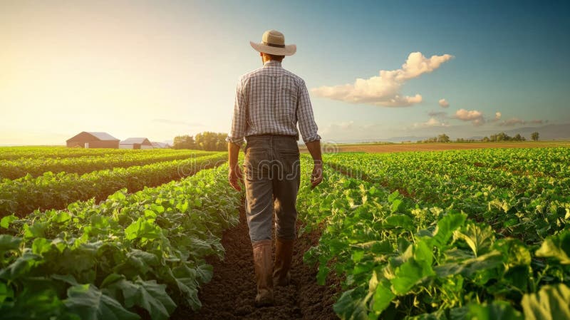Farmer Walking through Eco-Friendly Crop Field at Sunset Stock ...