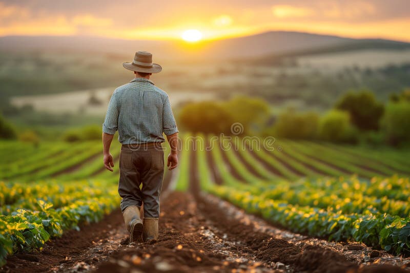 Farmer Walking through Field at Sunset Stock Illustration ...