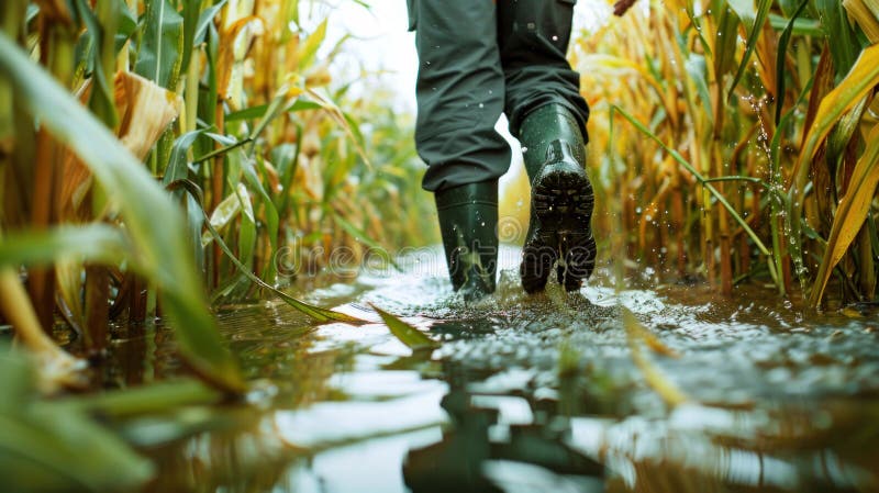 Farmer Walking through a Flooded Field. Generative Ai Stock ...