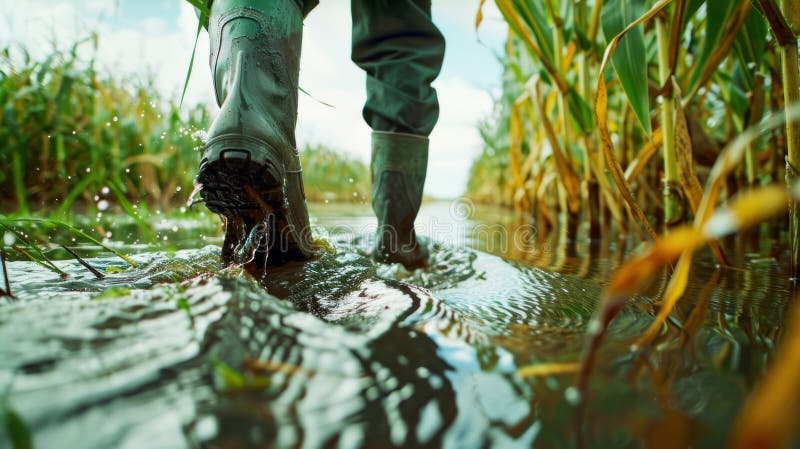 Farmer Walking through a Flooded Field. Generative Ai Stock ...
