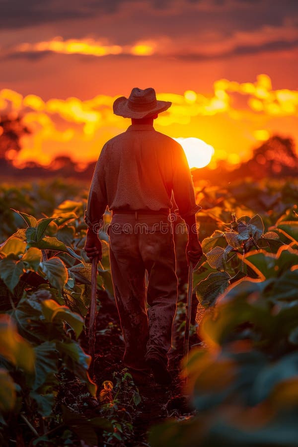 Farmer Walking in the Middle of a Field during a Beautiful Sunset Stock ...