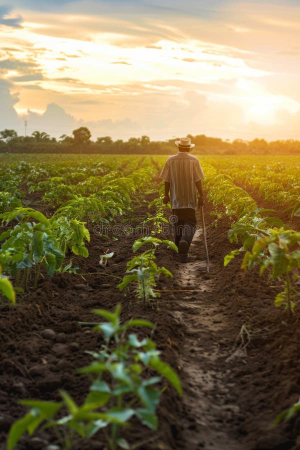 Farmer Walking in the Middle of a Field during a Beautiful Sunset Stock ...