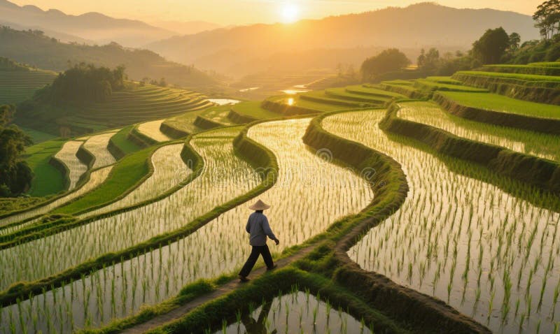 Farmer Walking through Lush Terraced Rice Fields at Sunset Stock Image ...