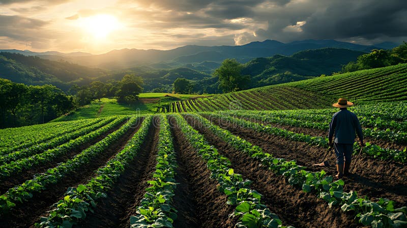 Farmer Walking through Sunset Rows of Crops in a Mountainous Landscape ...