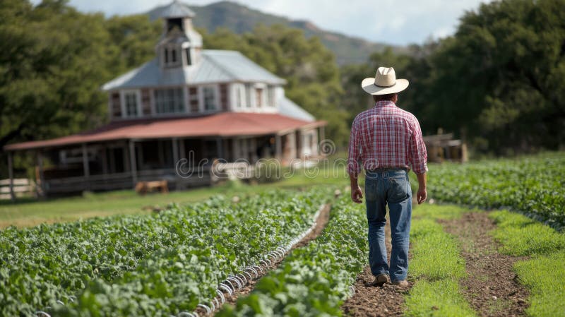Farmer Walking through a Vegetable Field Towards a Rustic Farmhouse ...