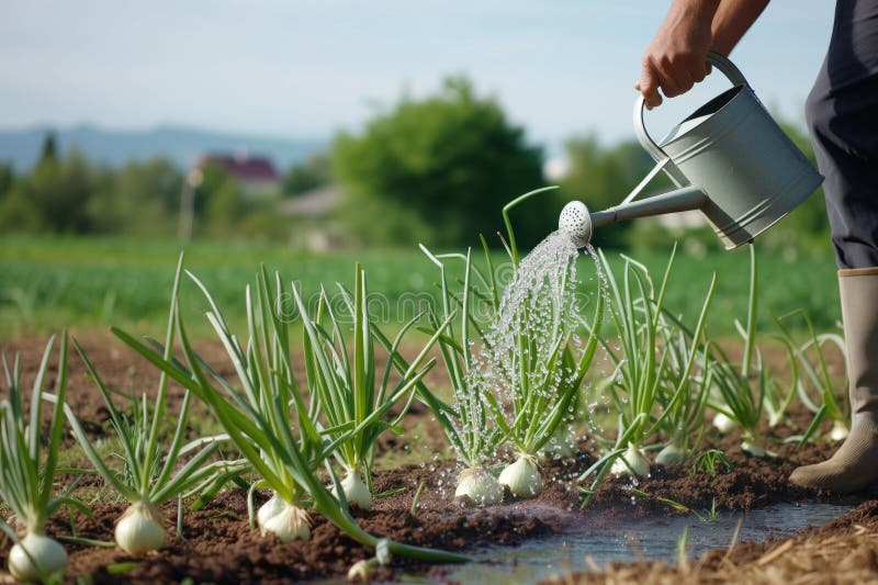 Farmer Watering Onion Plants with a Watering Can Stock Image - Image of ...