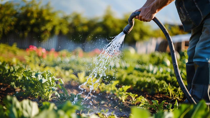 Farmer Watering Vegetable Garden with a Large Hose Stock Illustration ...