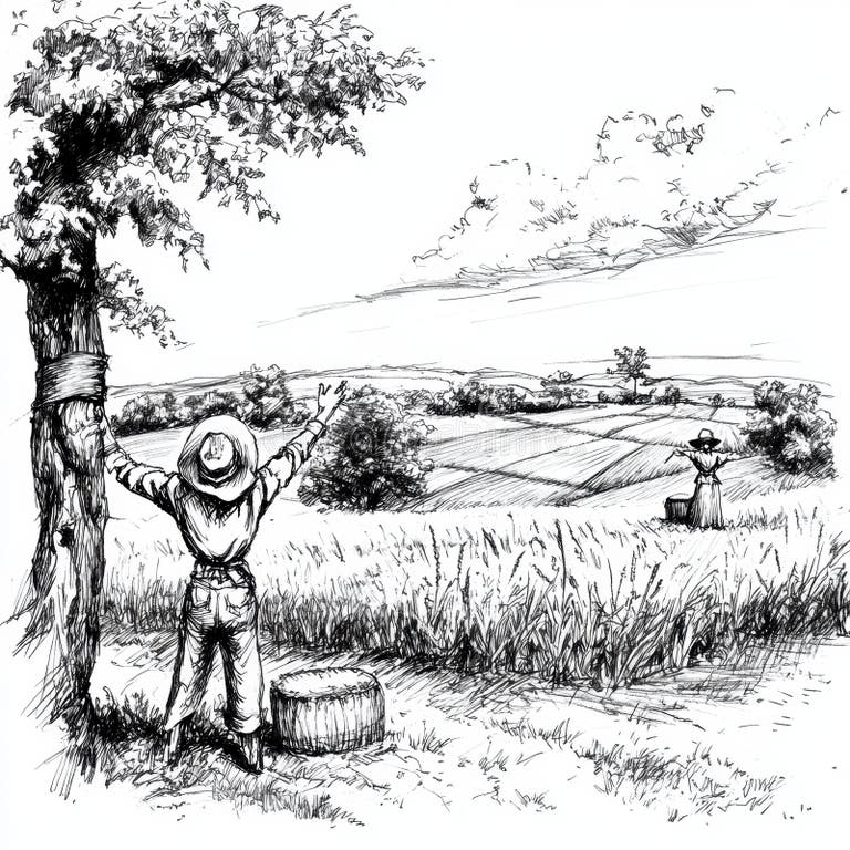 Farmer Waves Joyfully in Vast Countryside Landscape Drawing Stock ...
