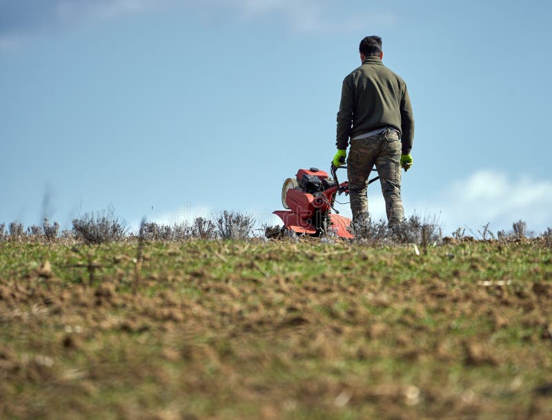 Farmer Weeding the Field with a Tiller Stock Image - Image of farmer ...