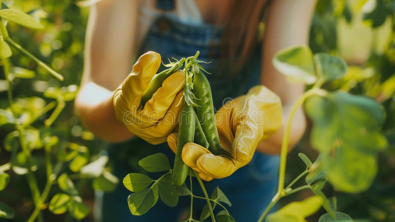 Farmer woman harvests peas stock image. Image of person - 341254439