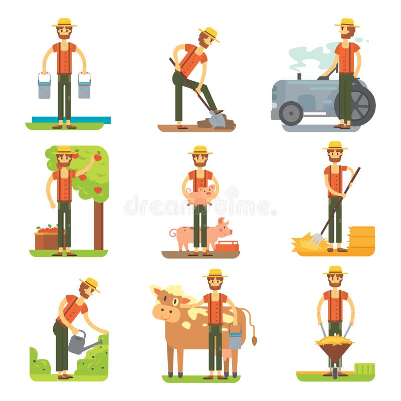 Farmer At Work Vector Flat Design. Farming Isollated Set. Stock Vector ...
